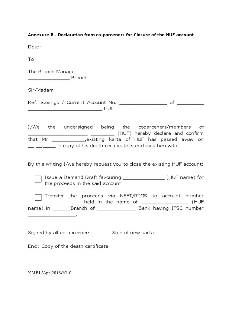 Kotak Declaration From Co-Parceners For Closure of The HUF Account | PDF