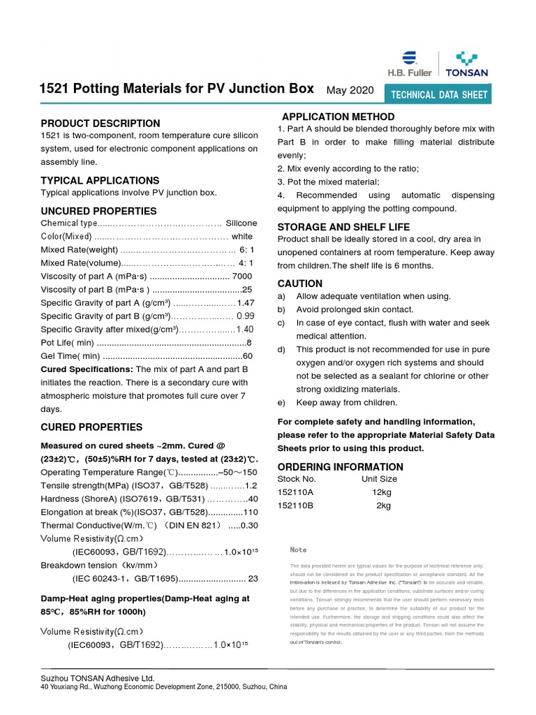 1521 Potting Materials For PV Junction Box: Product Description ...