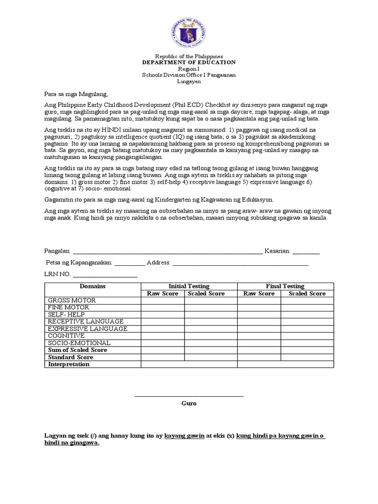 New Ecd Checklist Tagalog | PDF