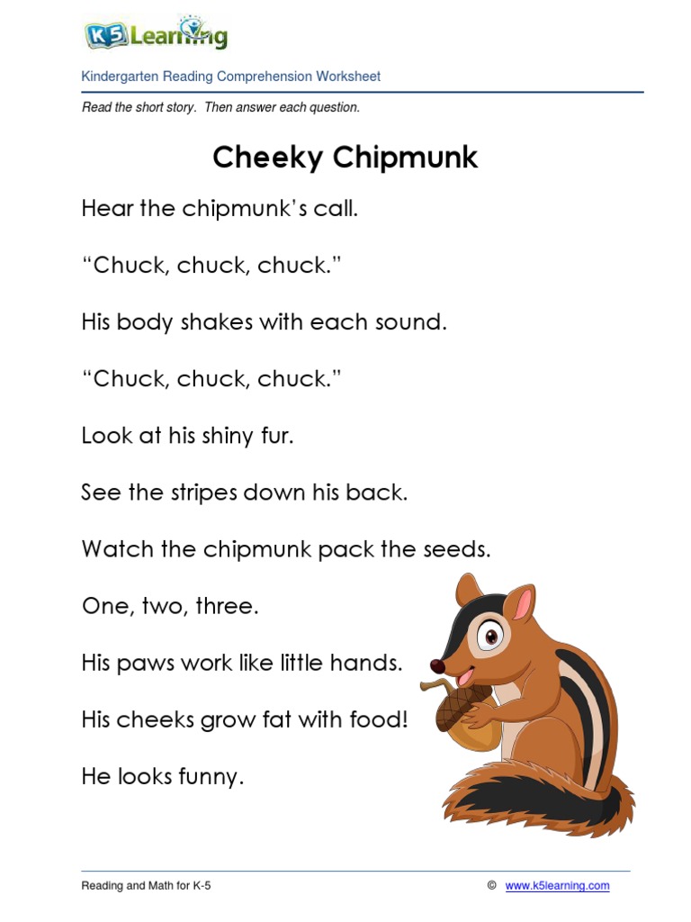 Cheeky Chipmunk: Kindergarten Reading Comprehension Worksheet | PDF ...