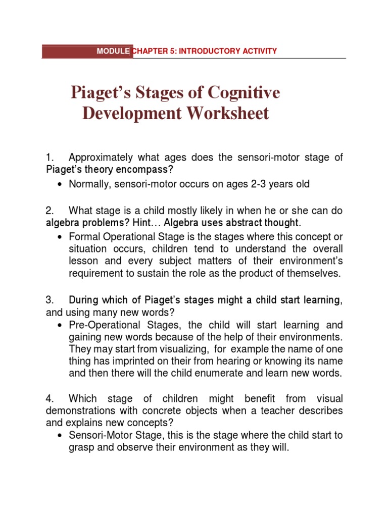 Piaget's Stages of Cognitive Development Worksheet: Chapter 5 ...