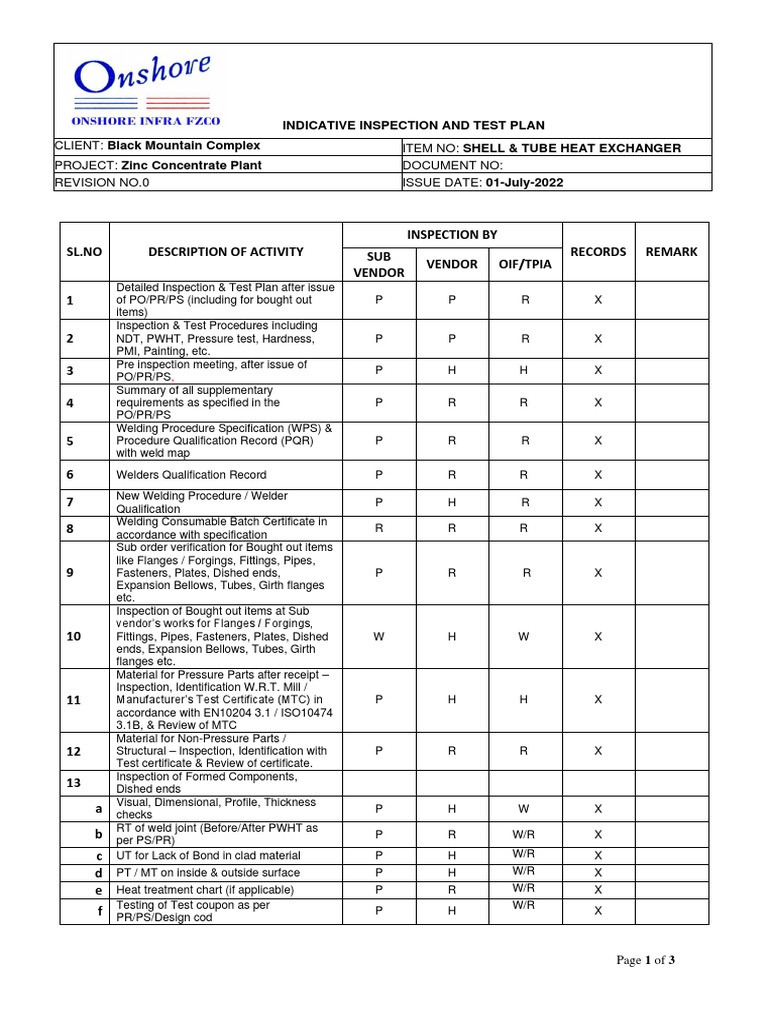 Itp - For Heat Exchanger | PDF | Nondestructive Testing | Construction