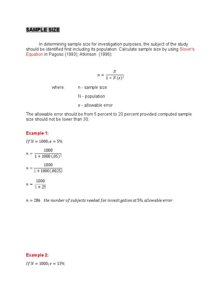 Sample Size: Slovin's Equation | PDF | Sampling (Statistics ...