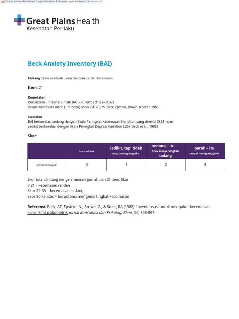 Skala Beck Anxiety Inventory (BAI) | PDF