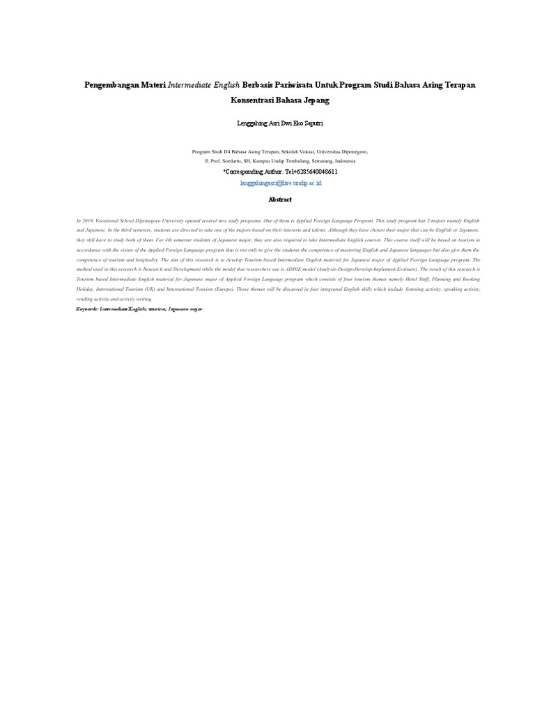 Pengembangan Materi Intermediate English Berbasis Pariwisata Untuk Program Studi Bahasa Asing ...