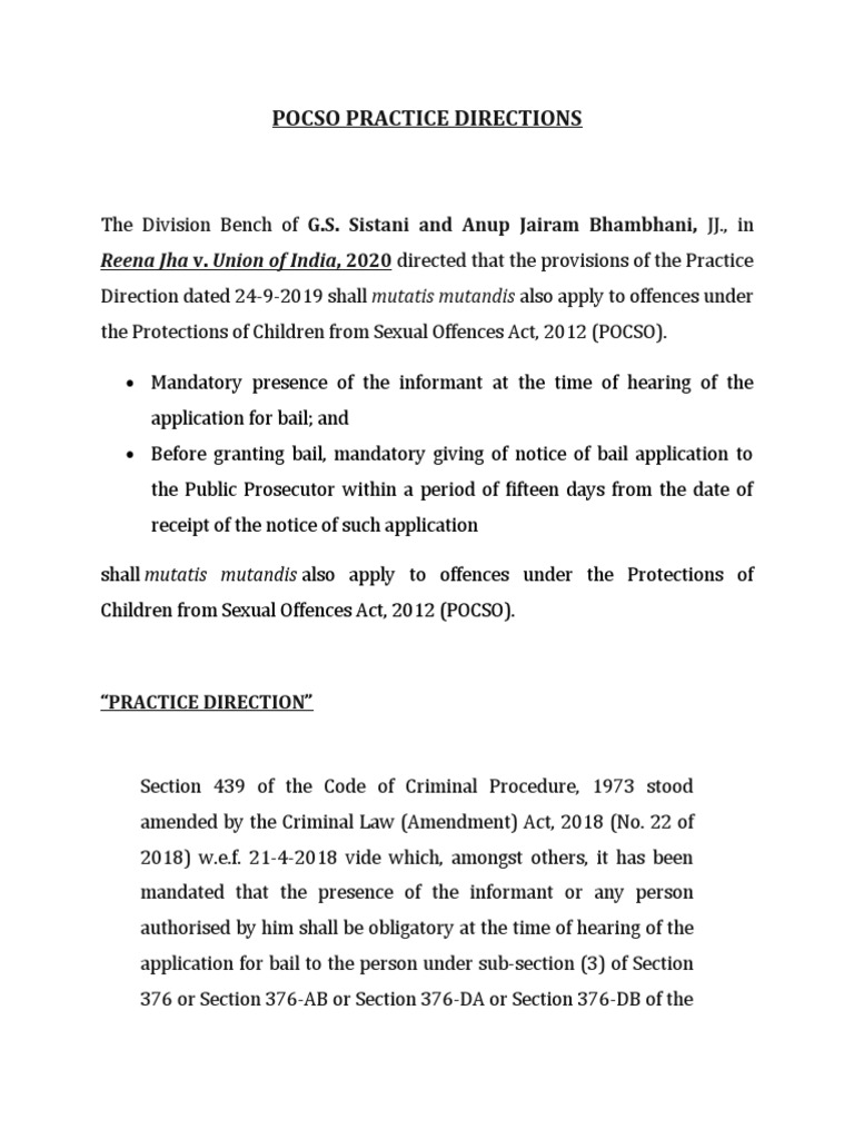 POCSO Practice Directions | PDF | Bail | Criminal Procedure In South Africa