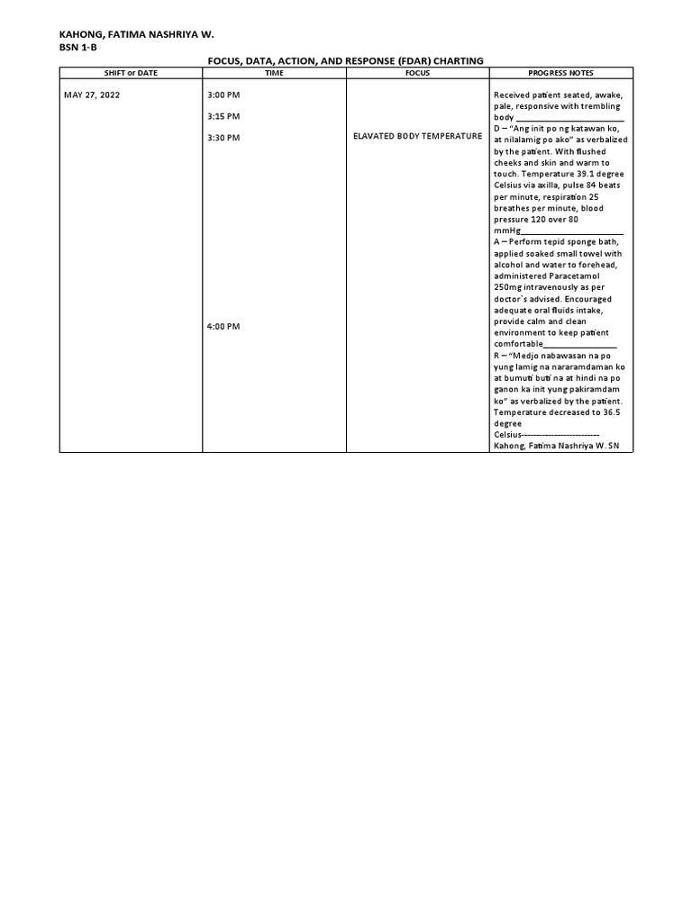 FDAR Charting for Elevated Body Temperature | PDF | Physiology | Medicine