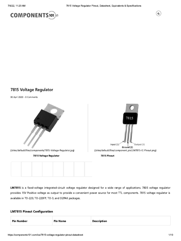 7815 Voltage Regulator Pinout, Datasheet, Equivalents & Specifications ...