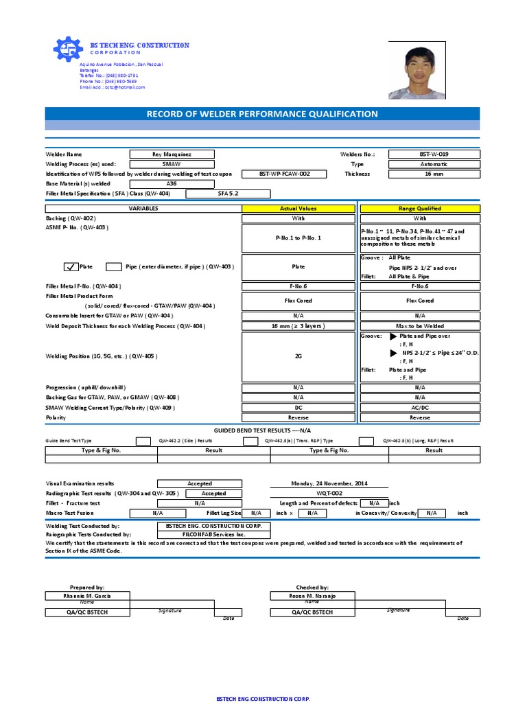 Record of Welder Performance Qualification: Picture | PDF | Pipe (Fluid ...