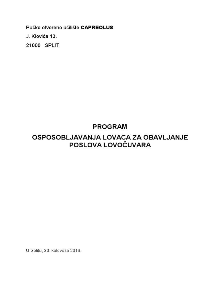 Pou Capreolus Program Osposobljavanja Lovaca Za Obavljanje Poslova Lovocuvara | PDF