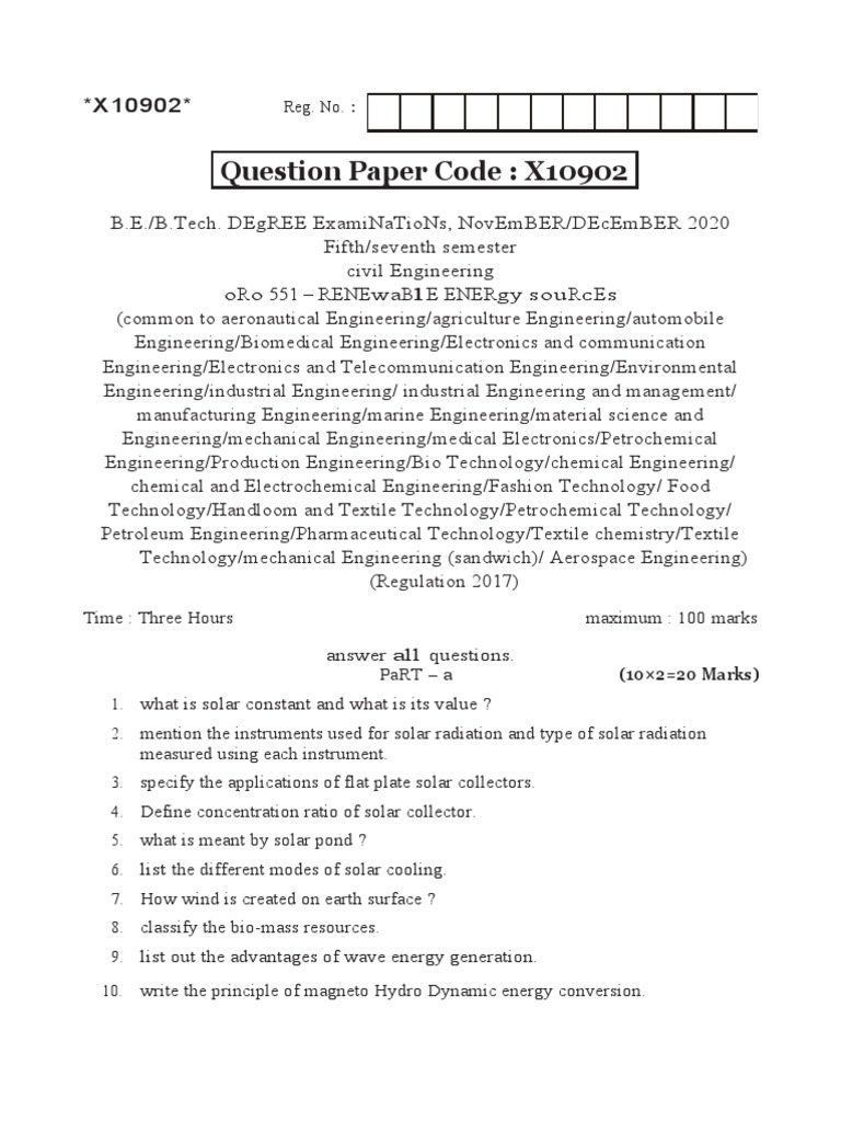Anna University Question Paper Res x10902 (Oro551) | PDF | Solar Power ...