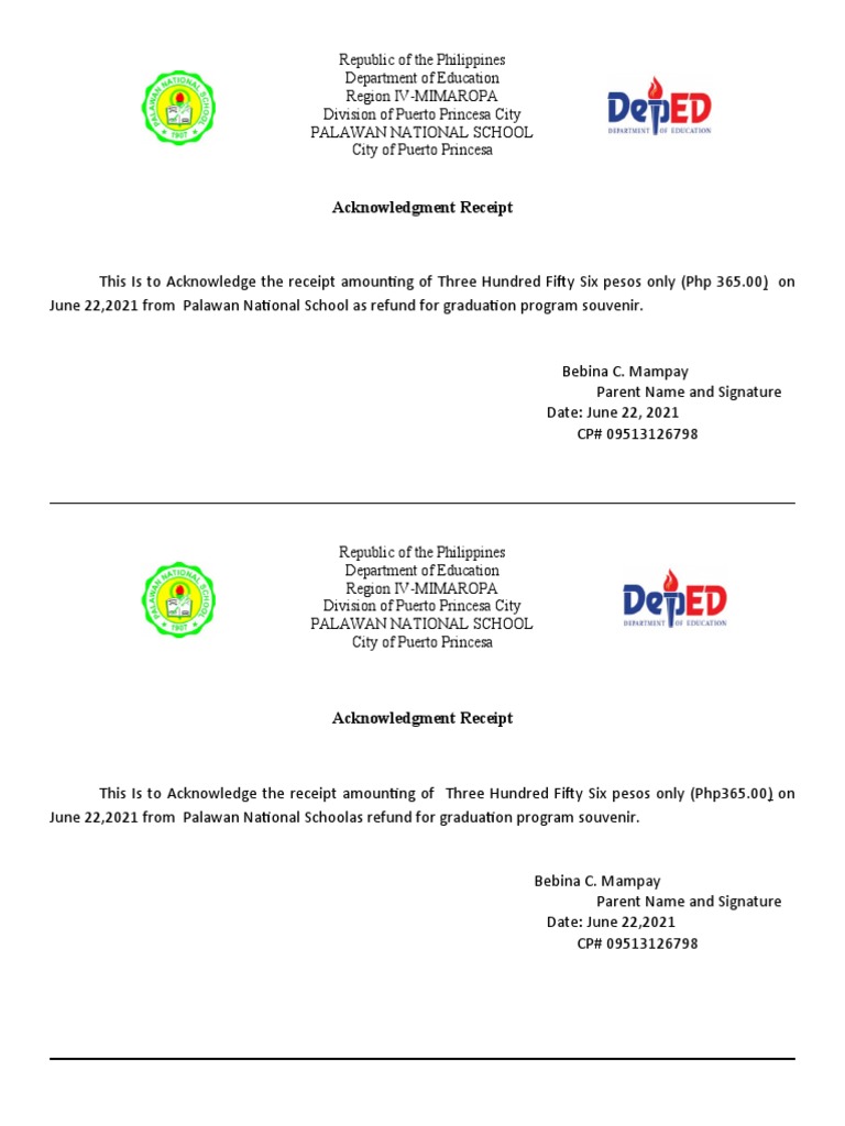 Receipt for Refund of Graduation Program Souvenir Payment from Palawan ...