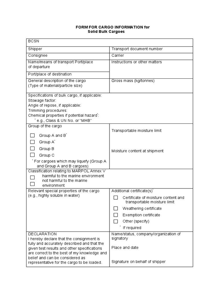 Cargo Information Form for Bulk Cargoes | PDF