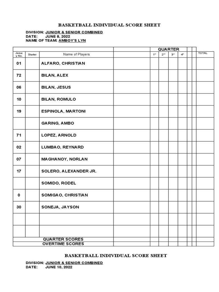 Basketball Individual Score Sheet Junior | PDF