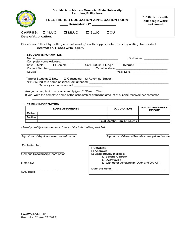 2022 Sar f052 Free Higher Education Application Form | PDF