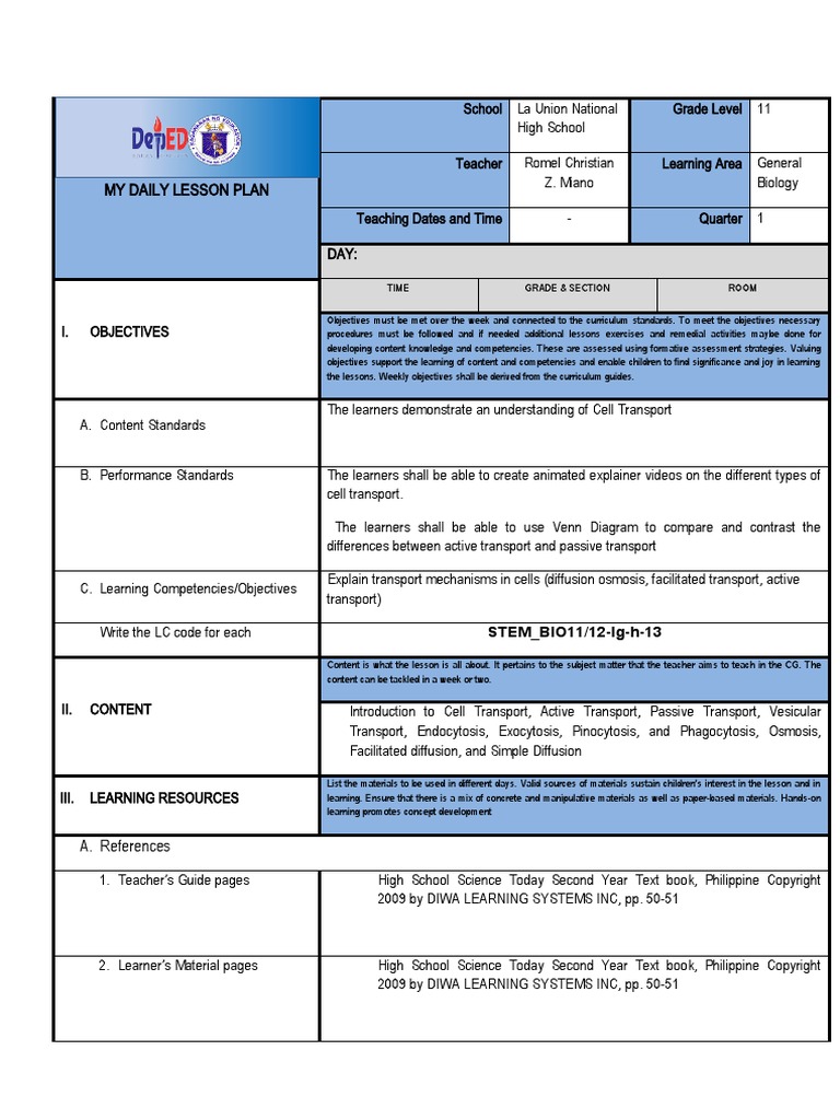 My Daily Lesson Plan: STEM - BIO11/12-Ig-h-13 | PDF | Cell Membrane ...