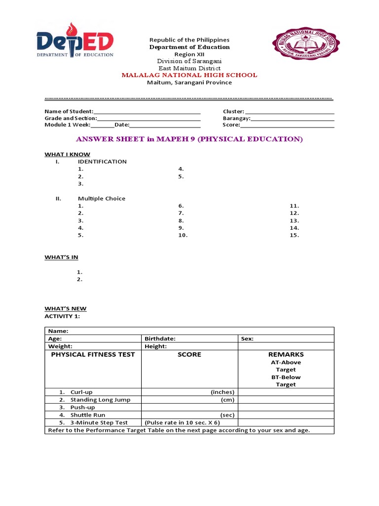 Answer Sheet in Mapeh 9 (Physical Education) | PDF | Physical Exercise ...