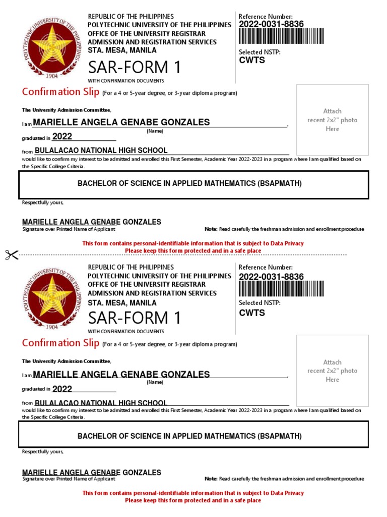 Sar-Form 1: Confirmation Slip | PDF | University And College Admission ...