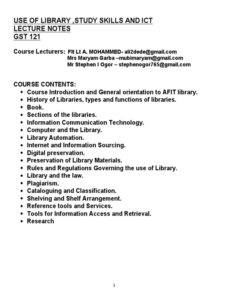 Use Of Library Study Skills And Ict Lecture Notes GST 121 Course 