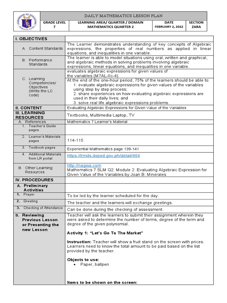 Grade Level 7 Learning Area/ Quarter / Domain Mathematics Quarter 2 ...
