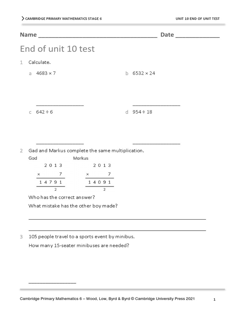 Prim Maths 6 2ed TR Unit 10 Test | PDF