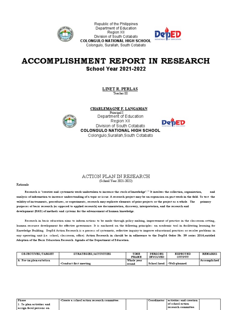 Accomplishment Report Research | PDF | Cognition | Learning