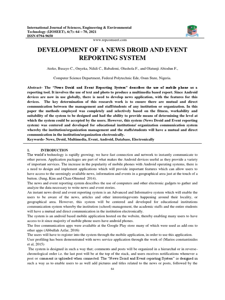 ATEKO Et Al DEVELOPMENT OF A NEWS DROID AND EVENT REPORTING SYSTEM | PDF | Databases | Mobile App
