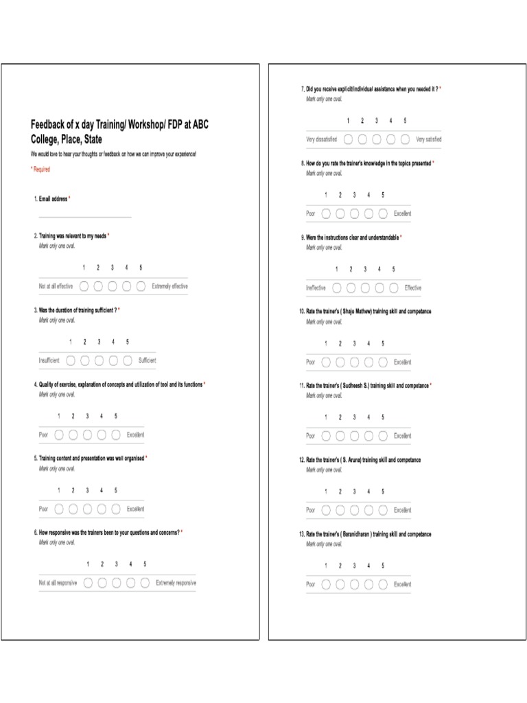 Feedback of x day Training_ Workshop_ FDP at ABC College, Place, State ...