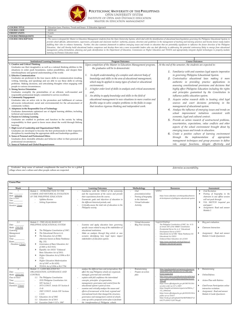 Course Guide-Educ. Laws, Practices, Trends and Issues | PDF | Teachers | Learning
