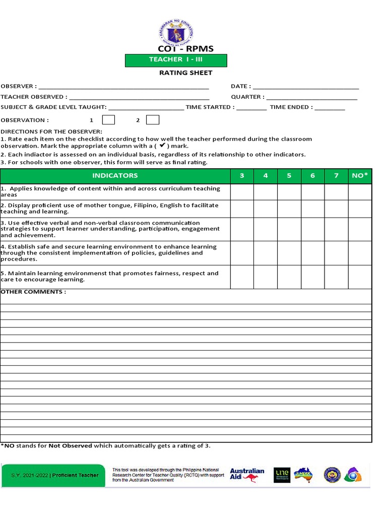 COT Teacher I III 2022 | PDF | Learning | Teachers