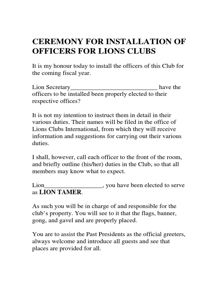 Sample of Ceremony For Installation of Officers For Lions Clubs | PDF ...