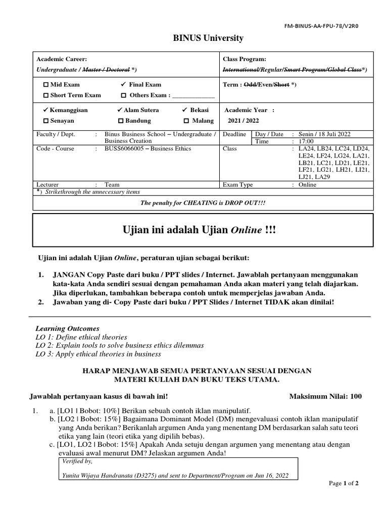 Ujian Ini Adalah Ujian Online !!!: BINUS University | PDF