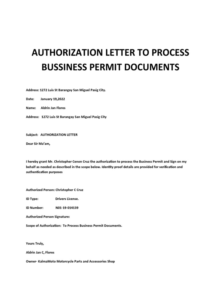 Authorization Letter To Process Bussiness Permit Documents | PDF