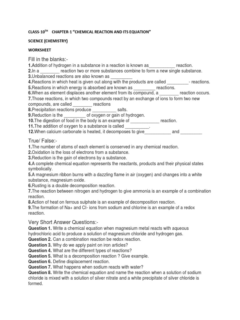 class 10 chapter 1 worksheet | PDF | Chemical Reactions | Redox