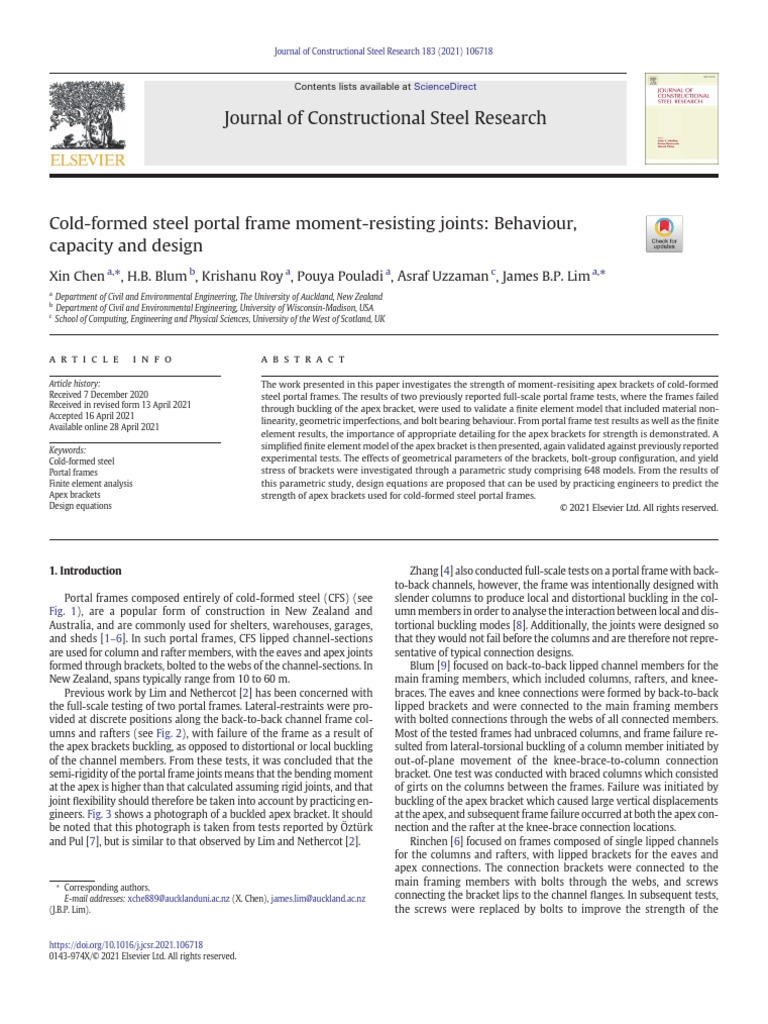 Cold-Formed Steel Portal Frame Moment-Resisting Joints Behaviour ...