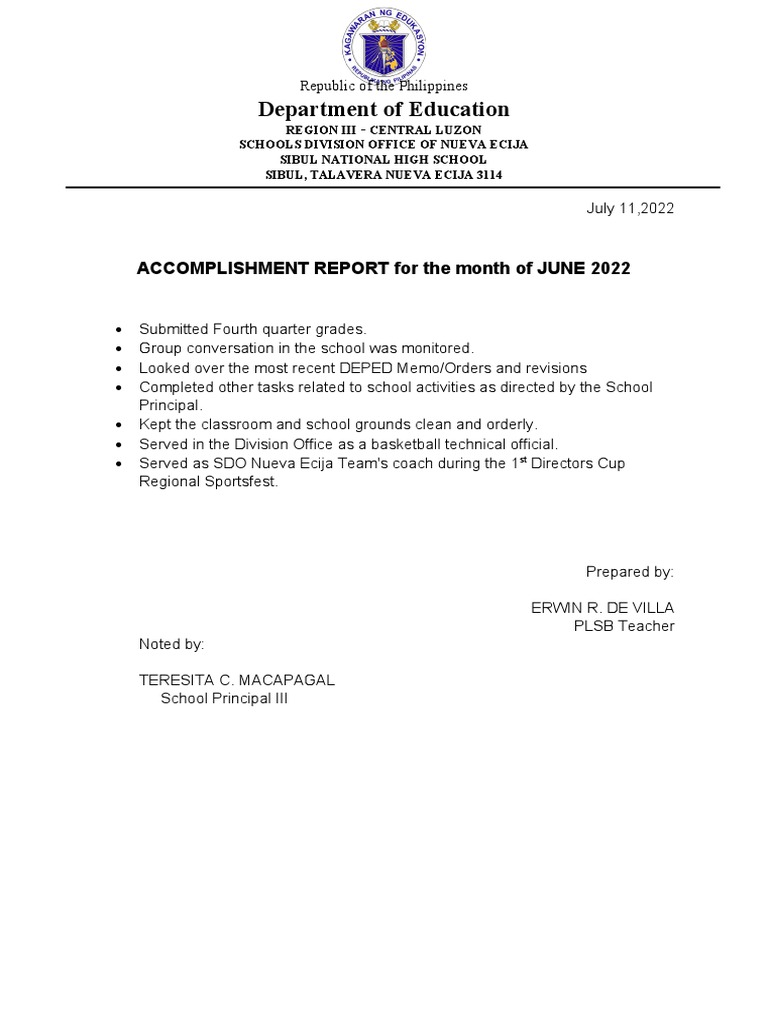 Department of Education: ACCOMPLISHMENT REPORT For The Month of JUNE ...