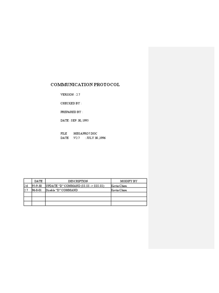 Communication Protocol: Checked By: Prepared By: DATE: SEP. 30, 1995 ...