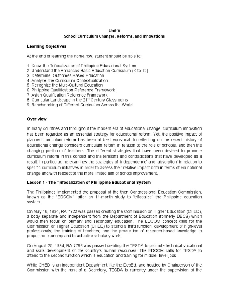 Unit V School Curriculum Changes, Reforms, and Innovations: Learning ...