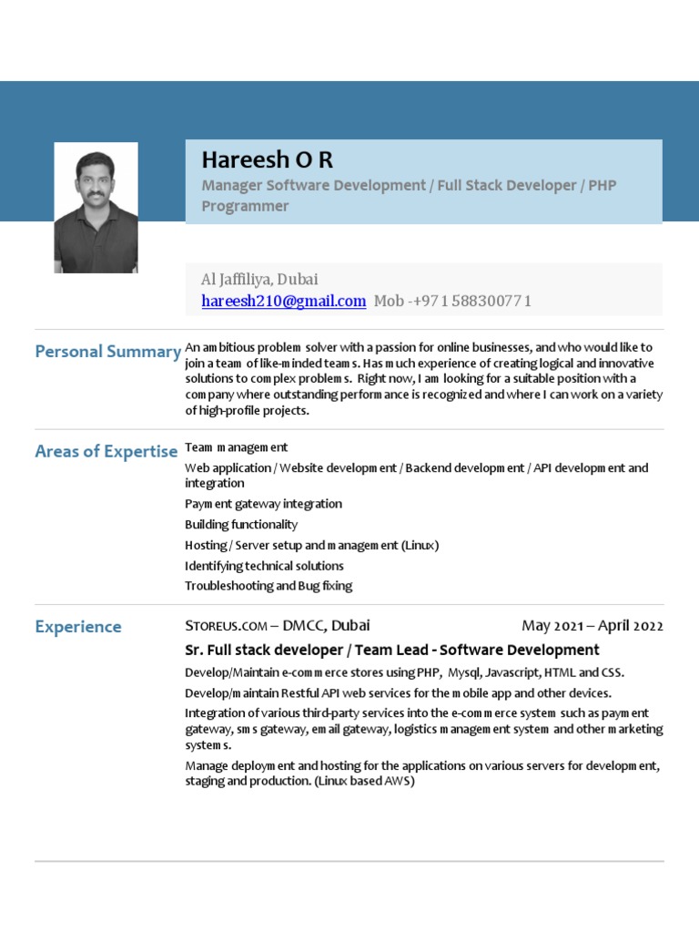 Hareesh O R Manager Software Development Full Stack Developer Php Programmer Pdf Web