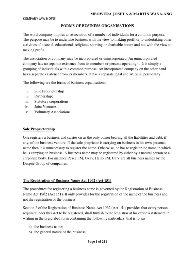 Company Law 1 Notes Final | PDF | Partnership | Corporations