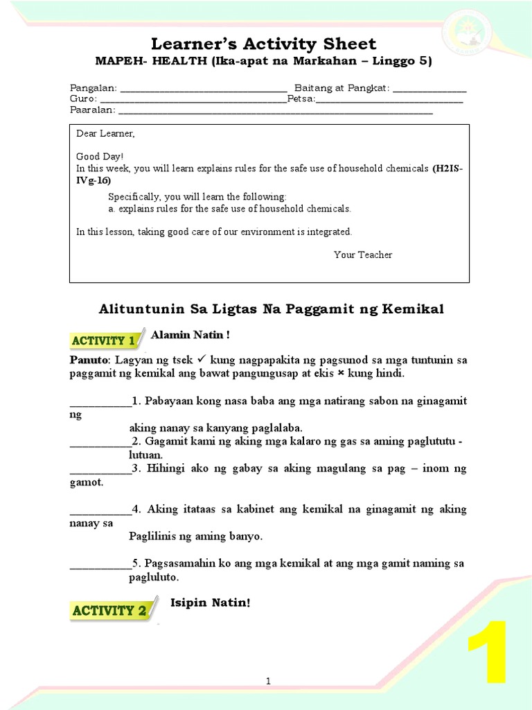 Learner's Activity Sheet: Alituntunin Sa Ligtas Na Paggamit NG Kemikal ...