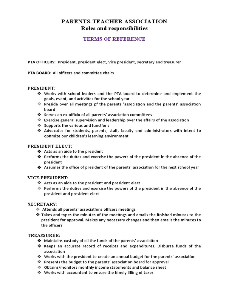 PTA Roles and Responsibilities | PDF | Committee | Teachers