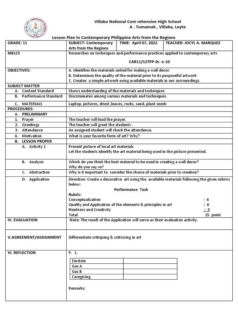 Lesson Plan in CPA 4 | PDF | Lesson Plan | Rubric (Academic)