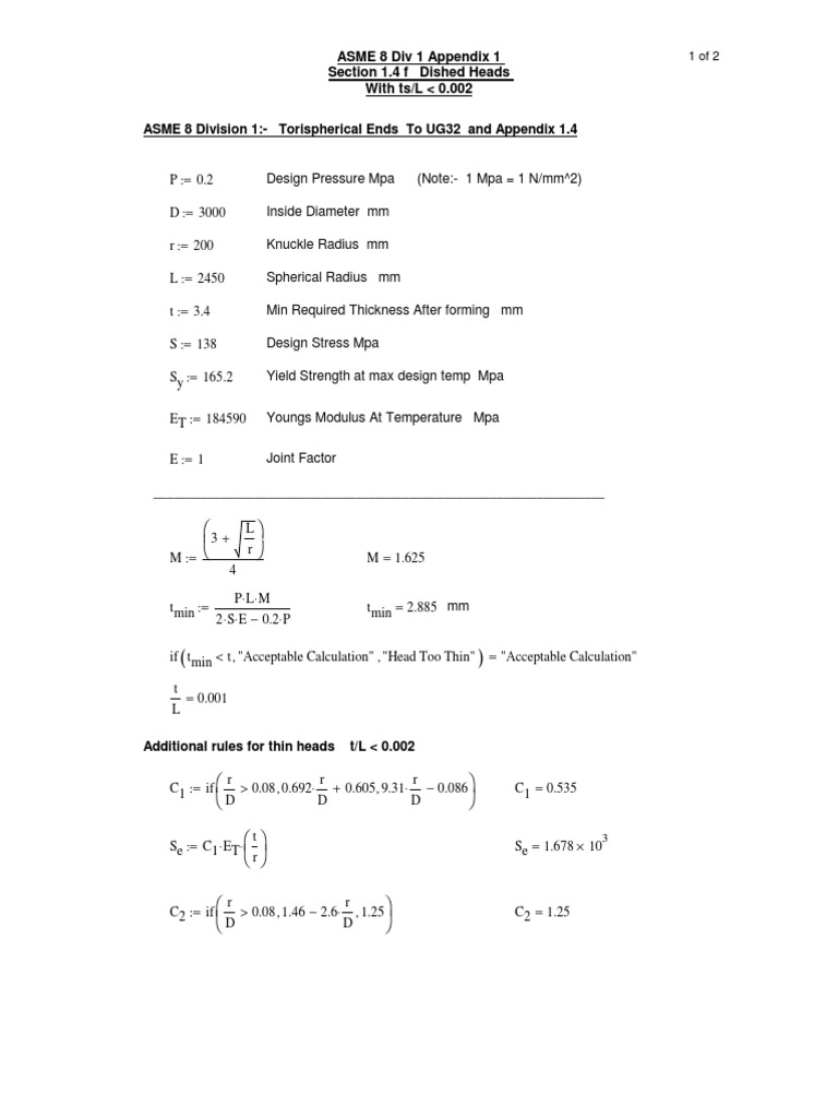 Dish End Calculations As Per ASME Section VII Div 1 | PDF
