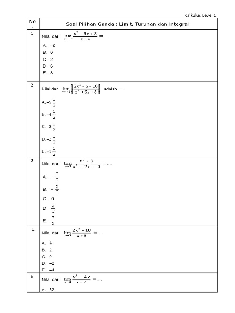 Soal-Soal Limit Turunan Dan Integral Level 1 | PDF