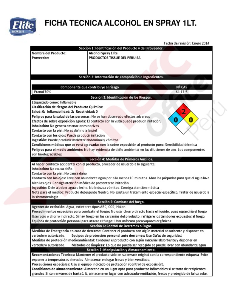 SDS - Alcohol en Spray by Elite | PDF | Agua | Vertedero