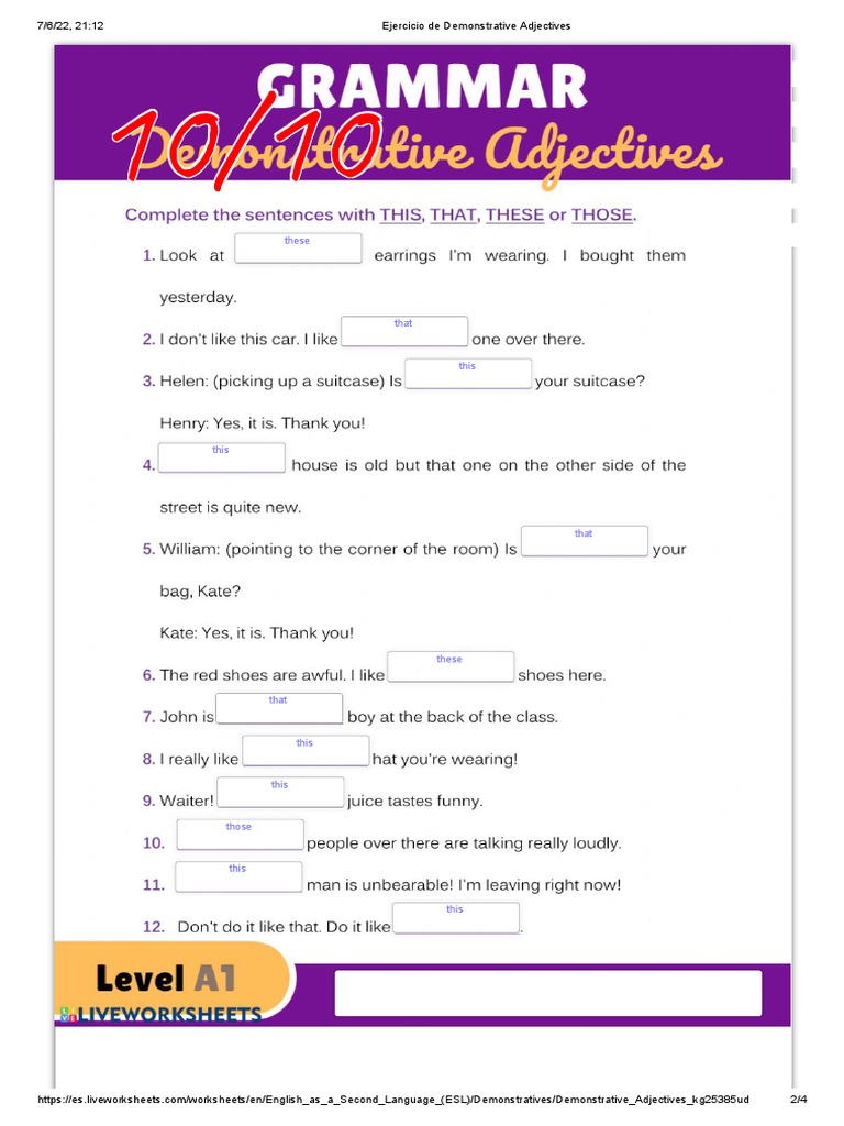 Demonstrative Adjectives Exercises | PDF