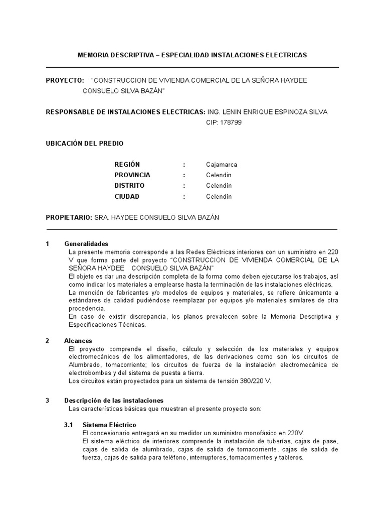 4.00 Memoria Instalaciones Electricas | PDF | Enchufes y tomas de corriente alterna | Cobre