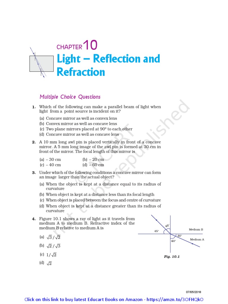 CH - 10 Light - Reflection and Refraction | PDF | Mirror | Radiation