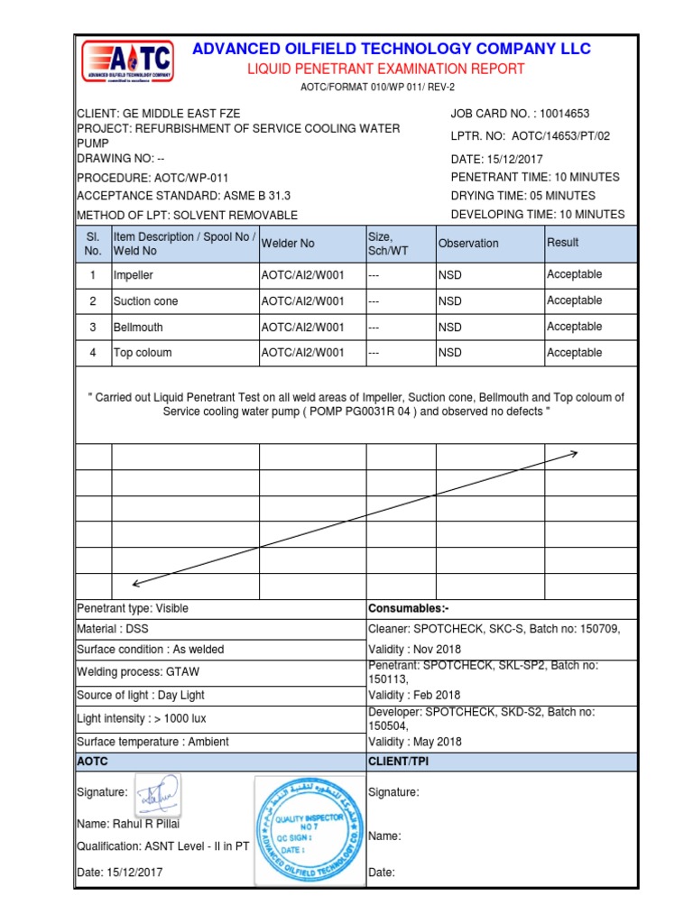Advanced Oilfield Technology Company LLC: Liquid Penetrant Examination ...